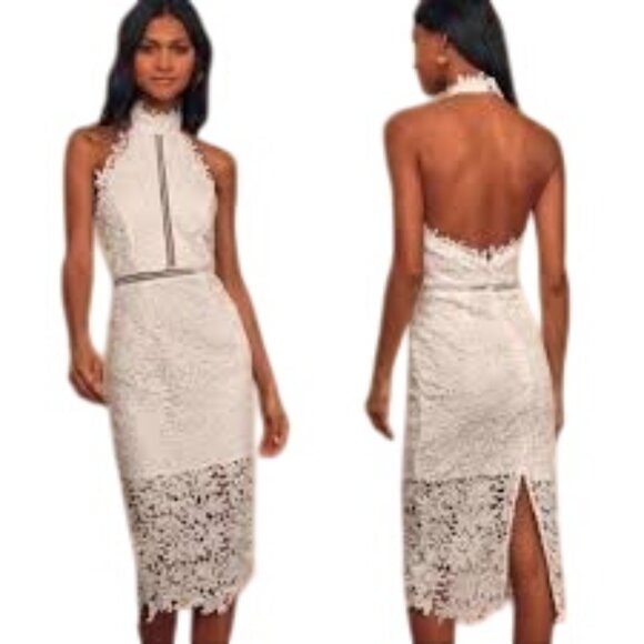 Lulus | Dresses | Lulus Halter Midi Lace Dress With High Neck Open Back ...